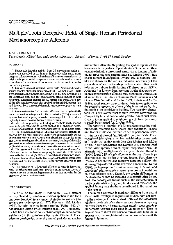(PDF) Multiple-tooth receptive fields of single human periodontal ...