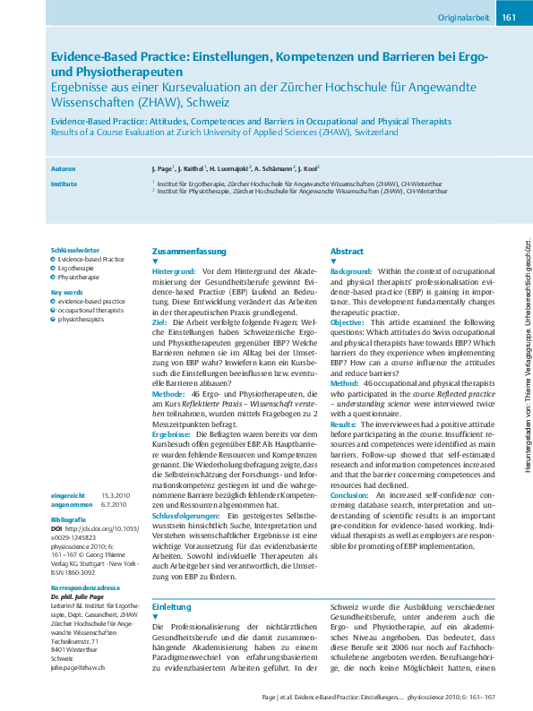 (PDF) Evidence-Based Practice: Einstellungen, Kompetenzen und Barrieren ...