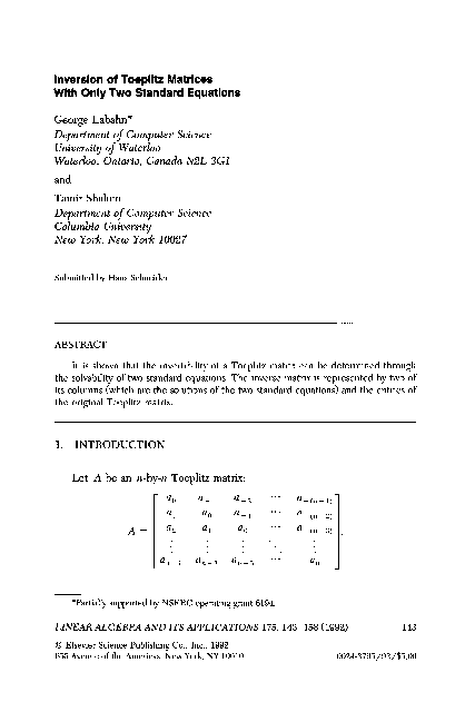(PDF) Inversion of Toeplitz Matrices with Only Two Standard Equations | Tamir Shalom - Academia.edu