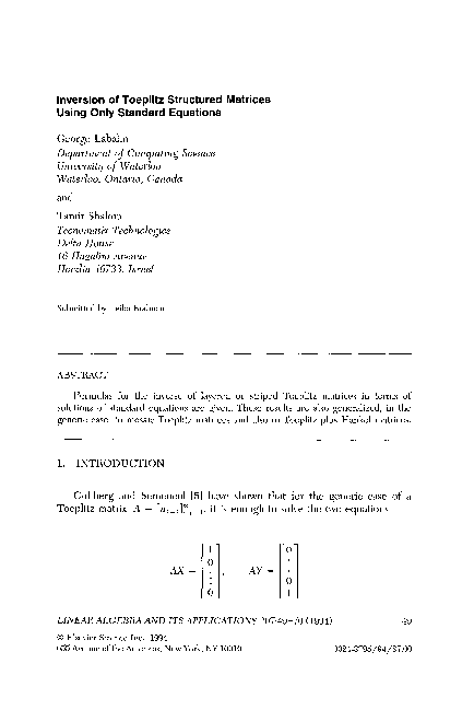 Pdf Inversion Of Toeplitz Structured Matrices Using Only Standard