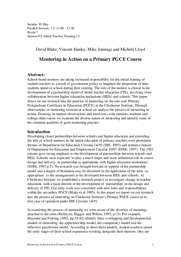 (PDF) Mentoring in Action on a Primary PGCE Course