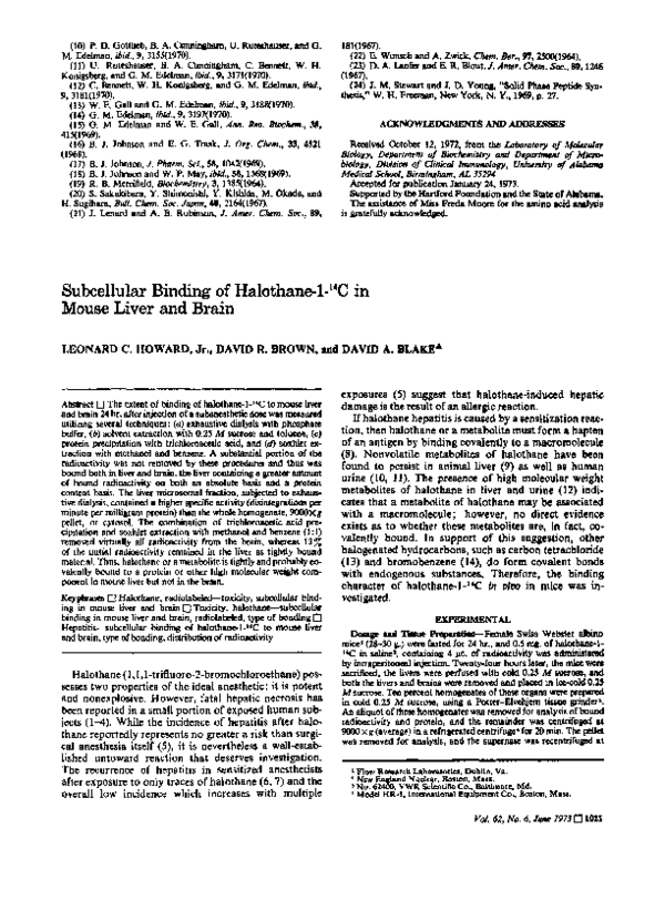 (PDF) Subcellular binding of halothane-1-14C in mouse liver and brain ...