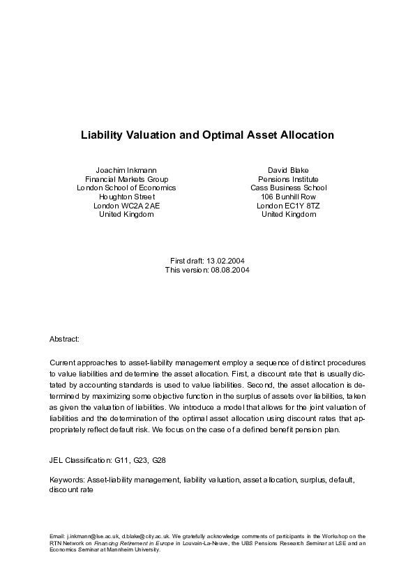 (PDF) Liability Valuation and Optimal Asset Allocation
