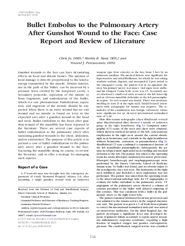 (PDF) Bullet Embolus to the Pulmonary Artery After Gunshot Wound to the ...