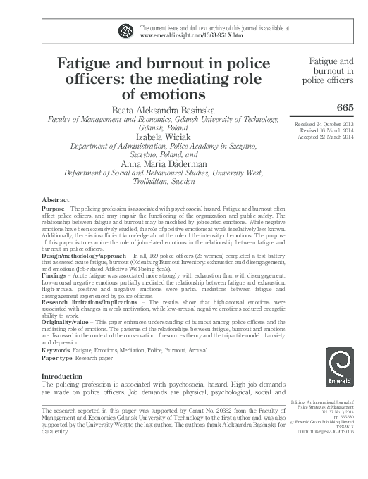 (PDF) Fatigue and burnout in police officers: the mediating role of ...