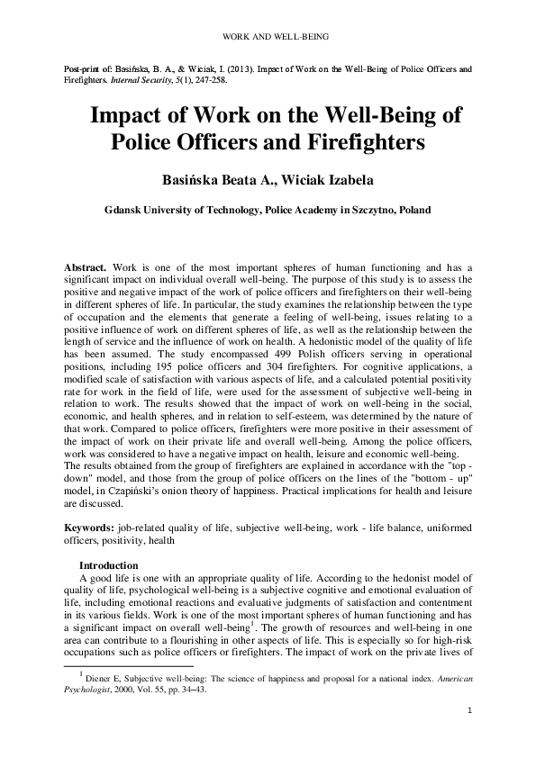 (PDF) Impact of Work on the Well-Being of Police Officers and Firefighters