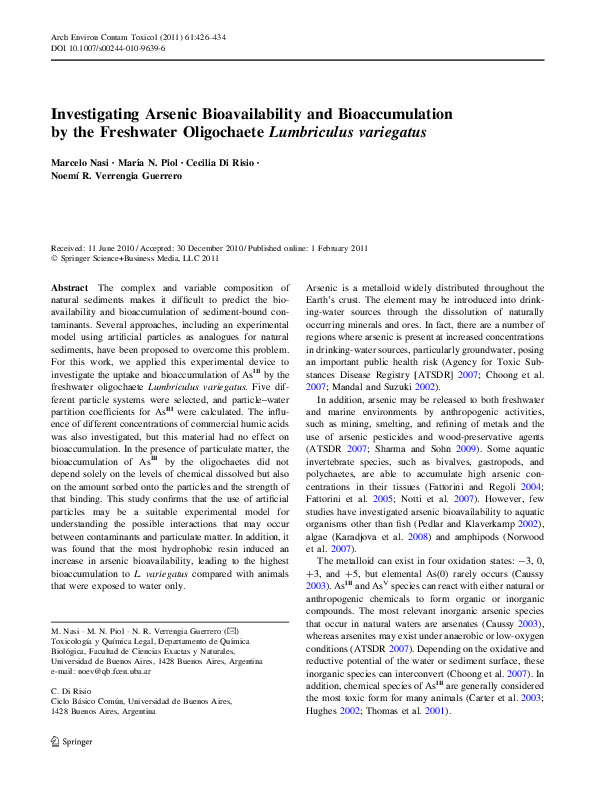 (PDF) Investigating Arsenic Bioavailability and Bioaccumulation by the ...