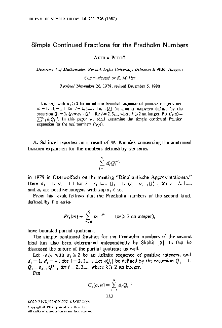 (PDF) Simple continued fractions for the Fredholm numbers