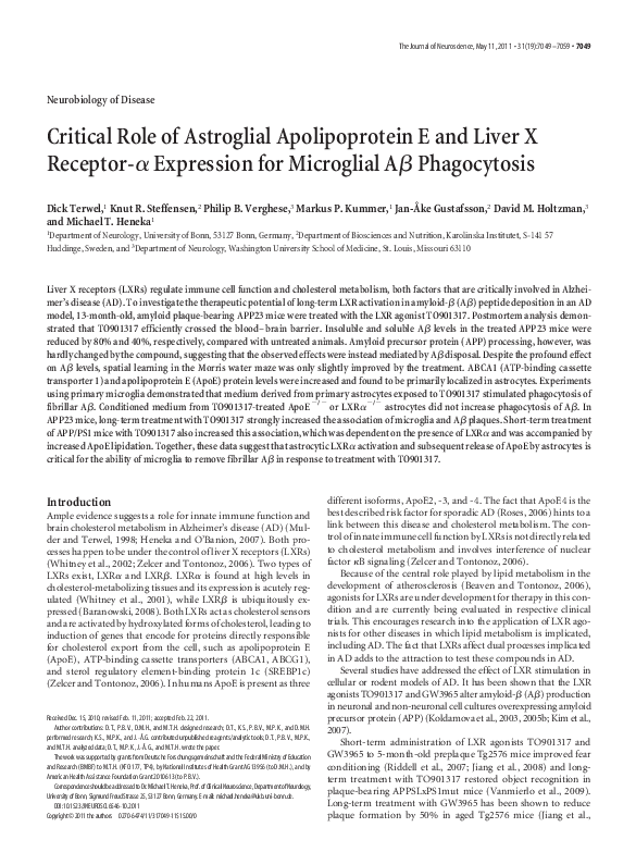 (PDF) Critical Role of Astroglial Apolipoprotein E and Liver X Receptor ...