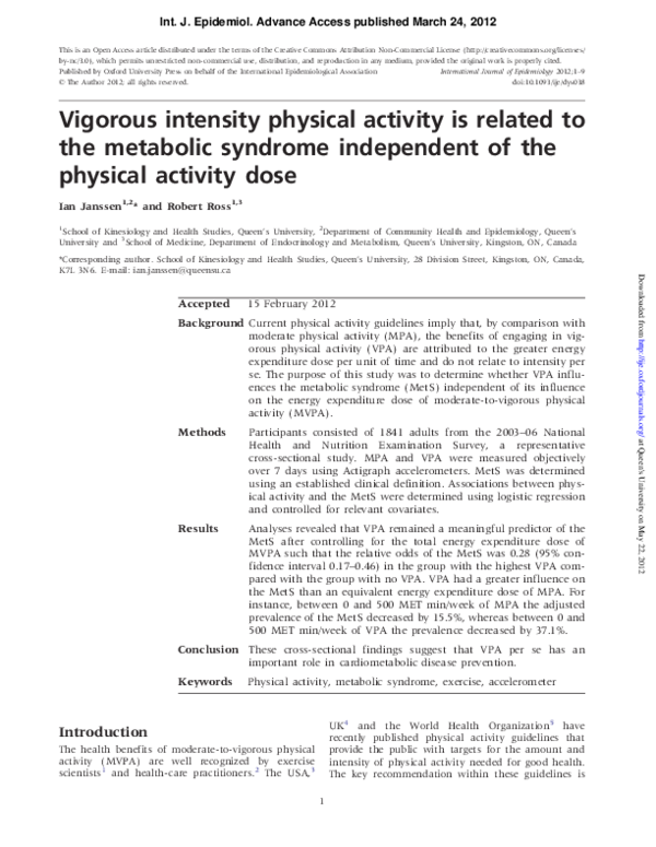 (PDF) Vigorous intensity physical activity is related to the metabolic ...