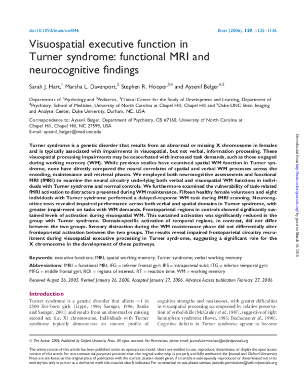 Pdf Visuospatial Executive Function In Turner Syndrome Functional Mri And Neurocognitive Findings
