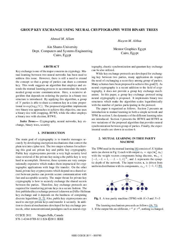(PDF) Group key exchange using neural cryptography with binary trees