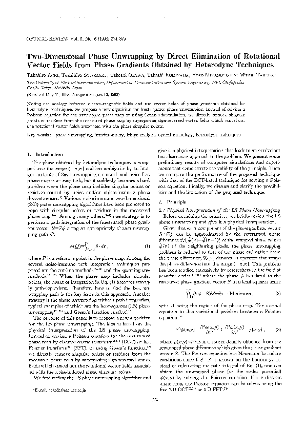 Pdf Two Dimensional Phase Unwrapping By Direct Elimination Of Rotational Vector Fields From
