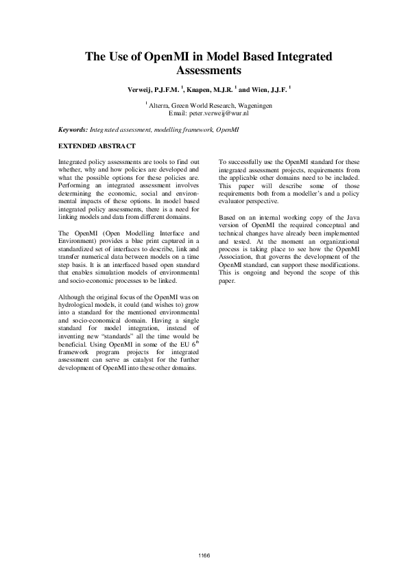 Pdf The Use Of Openmi In Model Based Integrated Assessments
