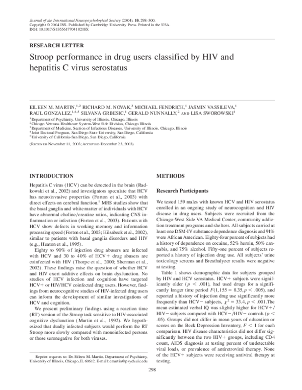 (PDF) Stroop performance in drug users classified by HIV and hepatitis ...