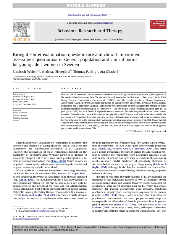 (PDF) Eating disorder examination questionnaire and clinical impairment ...