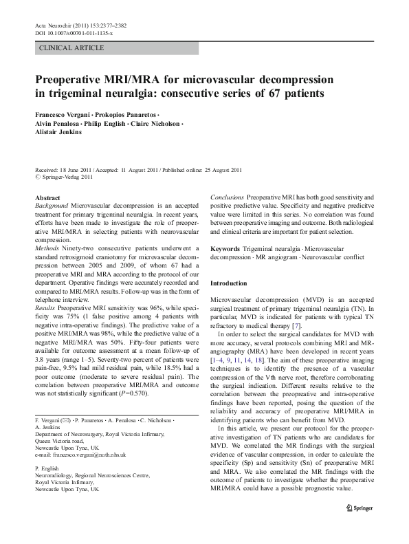 (PDF) Preoperative MRI/MRA for microvascular decompression in ...