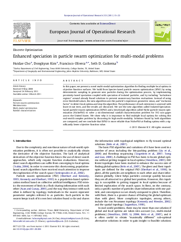 Pdf Enhanced Speciation In Particle Swarm Optimization For Multi Modal Problems