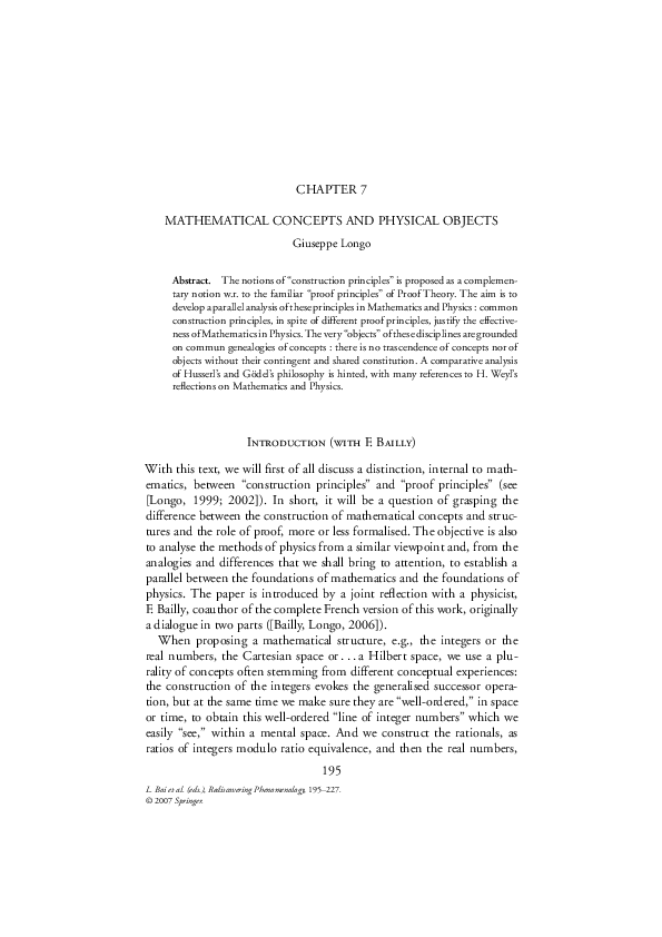 Pdf Mathematical Concepts And Physical Objects