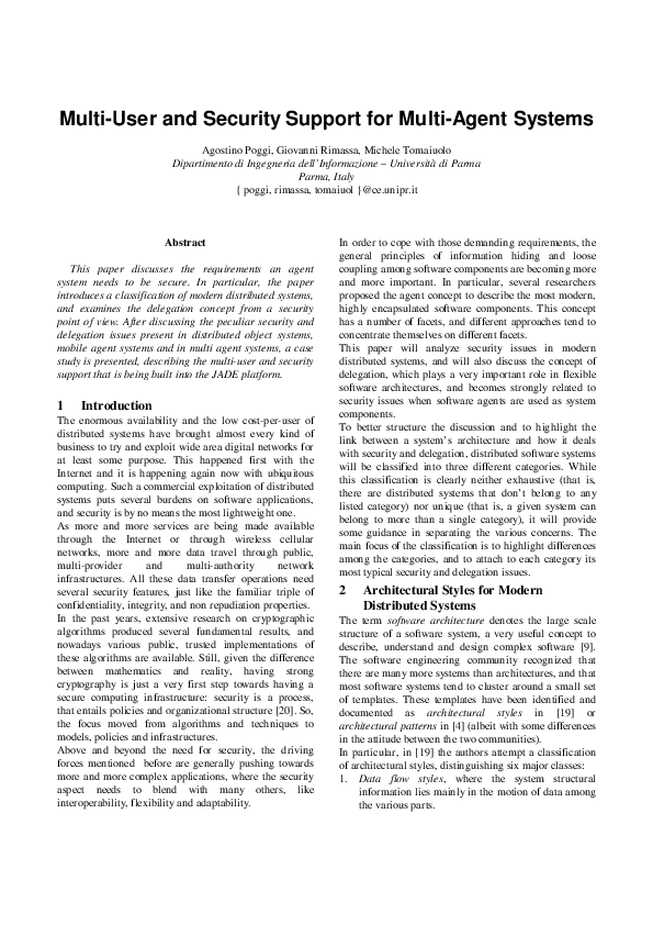 (PDF) Multi-User and Security Support for Multi-Agent Systems