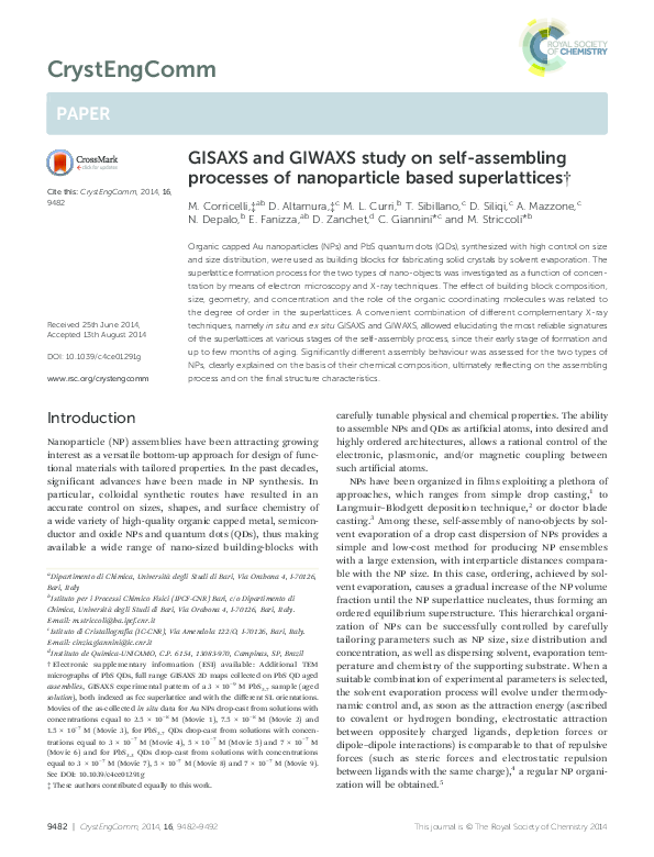 (PDF) GISAXS and GIWAXS study on self-assembling processes of nanoparticle based superlattices