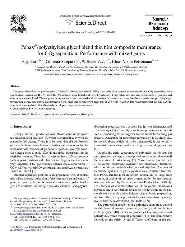 (PDF) Pebax®/polyethylene glycol blend thin film composite membranes ...