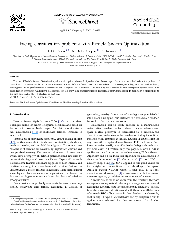 (PDF) Facing classification problems with Particle Swarm Optimization