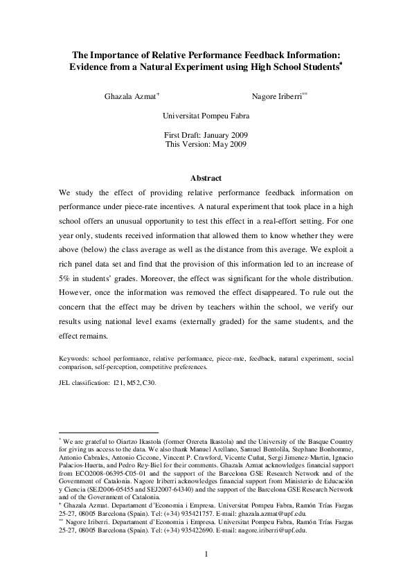 Pdf The Importance Of Relative Performance Feedback Information Evidence From A Natural