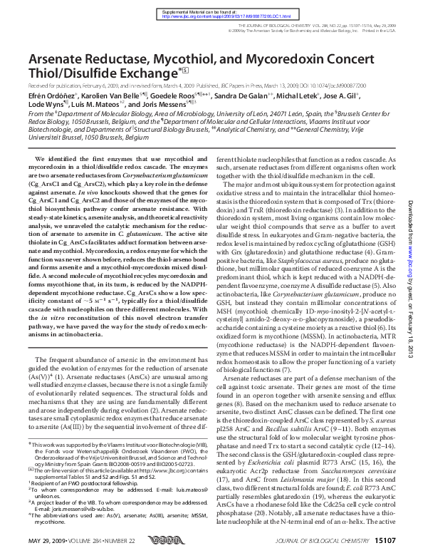 (PDF) Arsenate Reductase, Mycothiol, and Mycoredoxin Concert Thiol ...