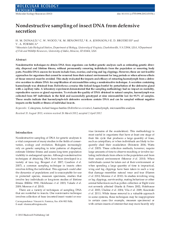 (PDF) Nondestructive sampling of insect DNA from defensive secretion