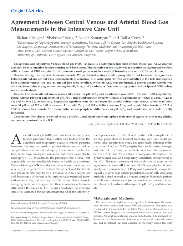 (PDF) Agreement between Central Venous and Arterial Blood Gas ...