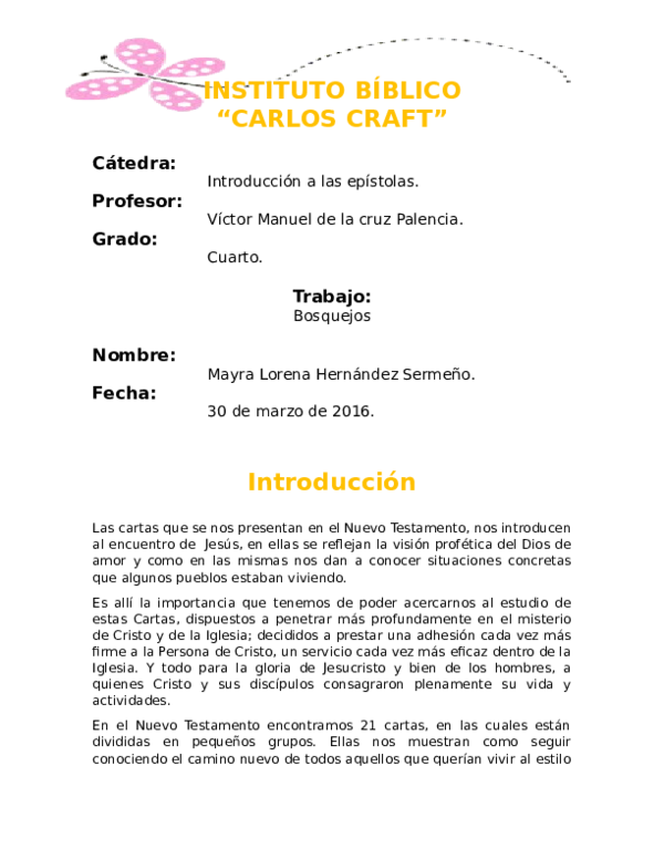 (DOC) INSTITUTO BÍBLICO " CARLOS CRAFT " Cátedra: Profesor: Grado