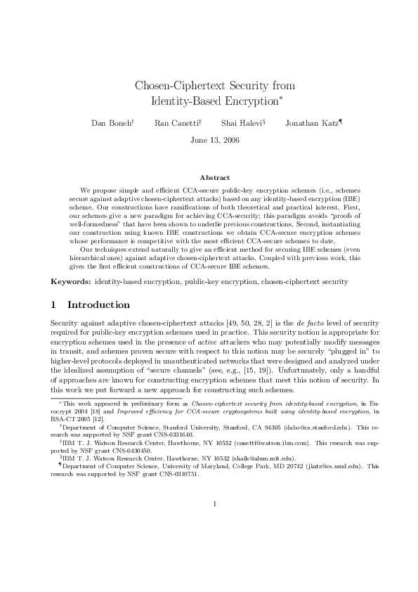 (PDF) Chosen‐Ciphertext Security from Identity‐Based Encryption