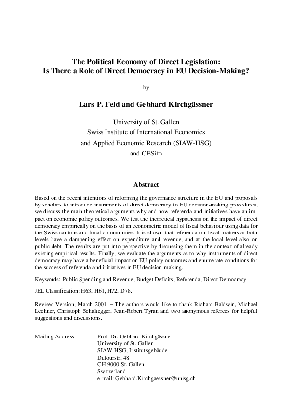 (PDF) The political economy of direct legislation: direct democracy and ...