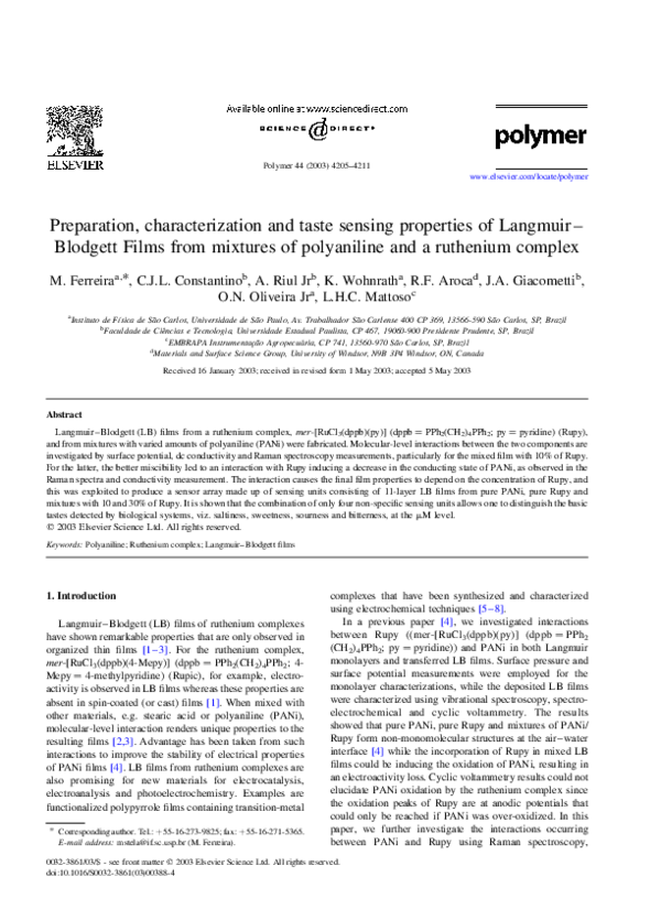 (PDF) Preparation, characterization and taste sensing properties of Langmuir–Blodgett Films from ...