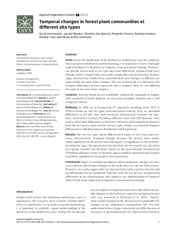 (PDF) Temporal changes in forest plant communities at different site types