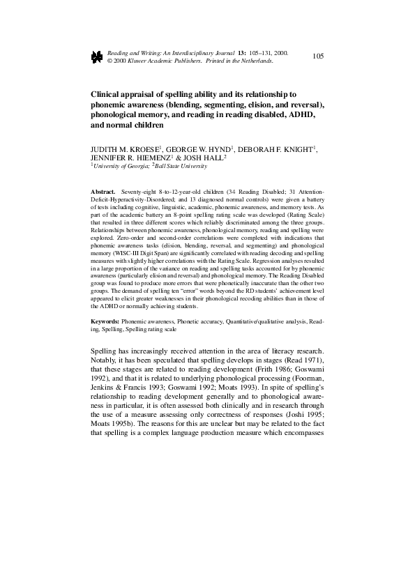 (PDF) Clinical appraisal of spelling ability and its relationship to phonemic awareness ...