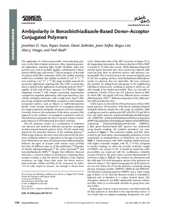 (PDF) Ambipolarity in Benzobisthiadiazole-Based Donor-Acceptor Conjugated Polymers