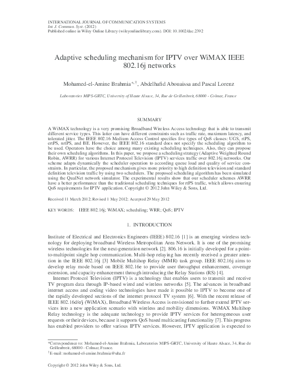 (PDF) Adaptive scheduling mechanism for IPTV over WiMAX IEEE 802.16j networks