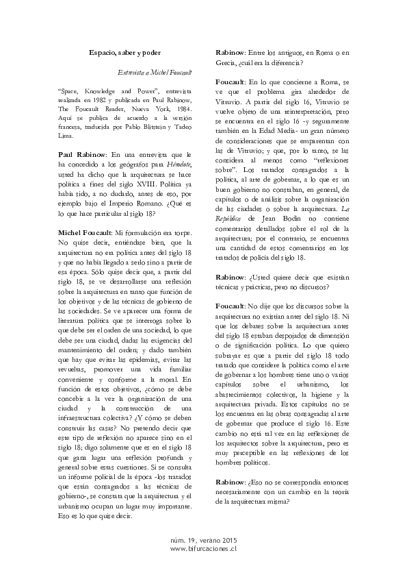 (PDF) Espacio, saber y poder- M. Foucault