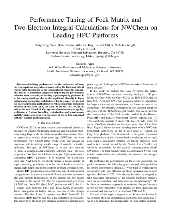 Pdf Performance Tuning Of Fock Matrix And Two Electron Integral Calculations For Nwchem On