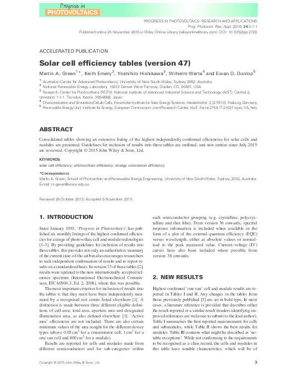 (PDF) Solar cell efficiency tables (version 47