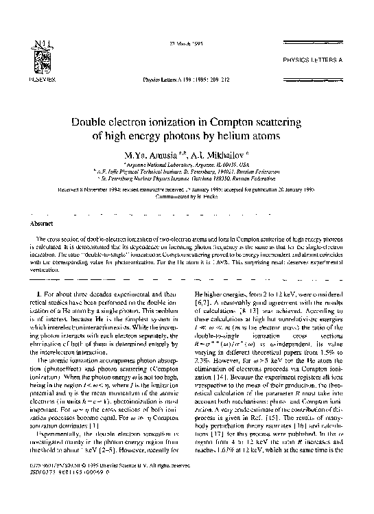 (PDF) Double electron ionization in Compton scattering of high energy photons by helium atoms