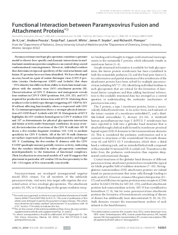 (PDF) Functional Interaction between Paramyxovirus Fusion and ...