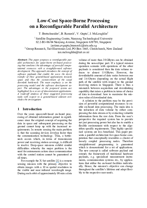 (PDF) Low-cost space-borne processing on a reconfigurable parallel architecture