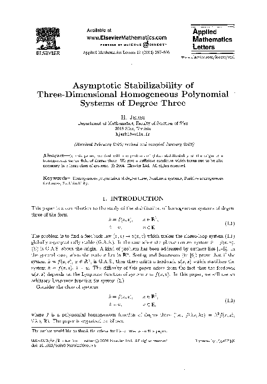 (PDF) Asymptotic stabilizability of three-dimensional homogeneous polynomial systems of degree three
