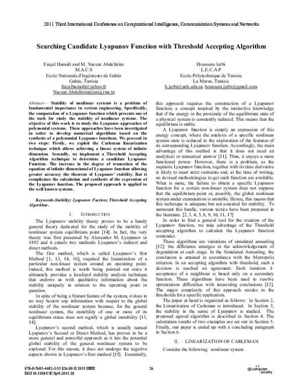 Pdf Searching Candidate Lyapunov Function With Threshold Accepting Algorithm