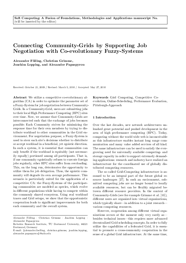 (PDF) Connecting Community-Grids by supporting job negotiation with coevolutionary Fuzzy-Systems