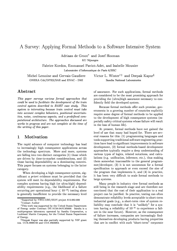 (PDF) A Survey: Applying Formal Methods to a Software Intensive System