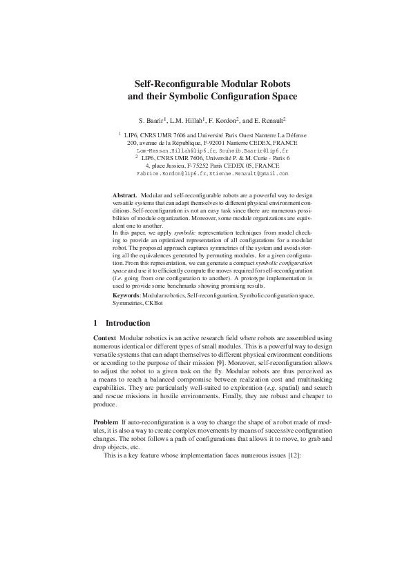 Pdf Self Reconfigurable Modular Robots And Their Symbolic Configuration Space
